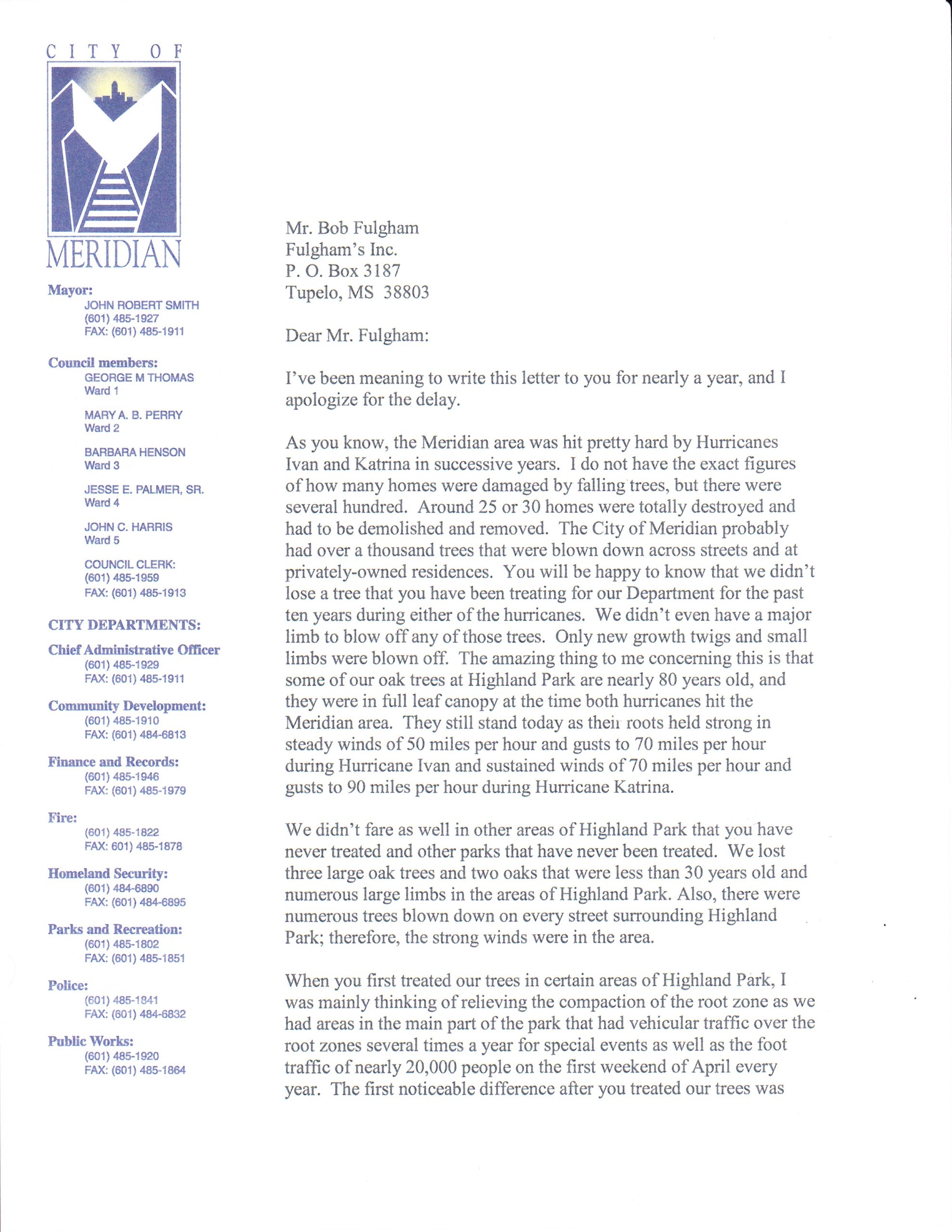 City of Meridian Letter – Fulgham's Inc